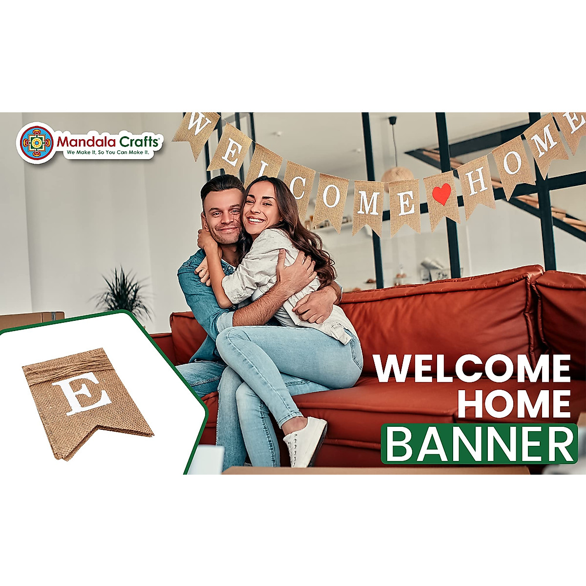 Mandala Crafts Burlap Welcome Home Banner Garland Welcome Home Decorations – Rustic Jute Welcome Home Sign Bunting for Party Decor Family Gathering Photo Booth Props