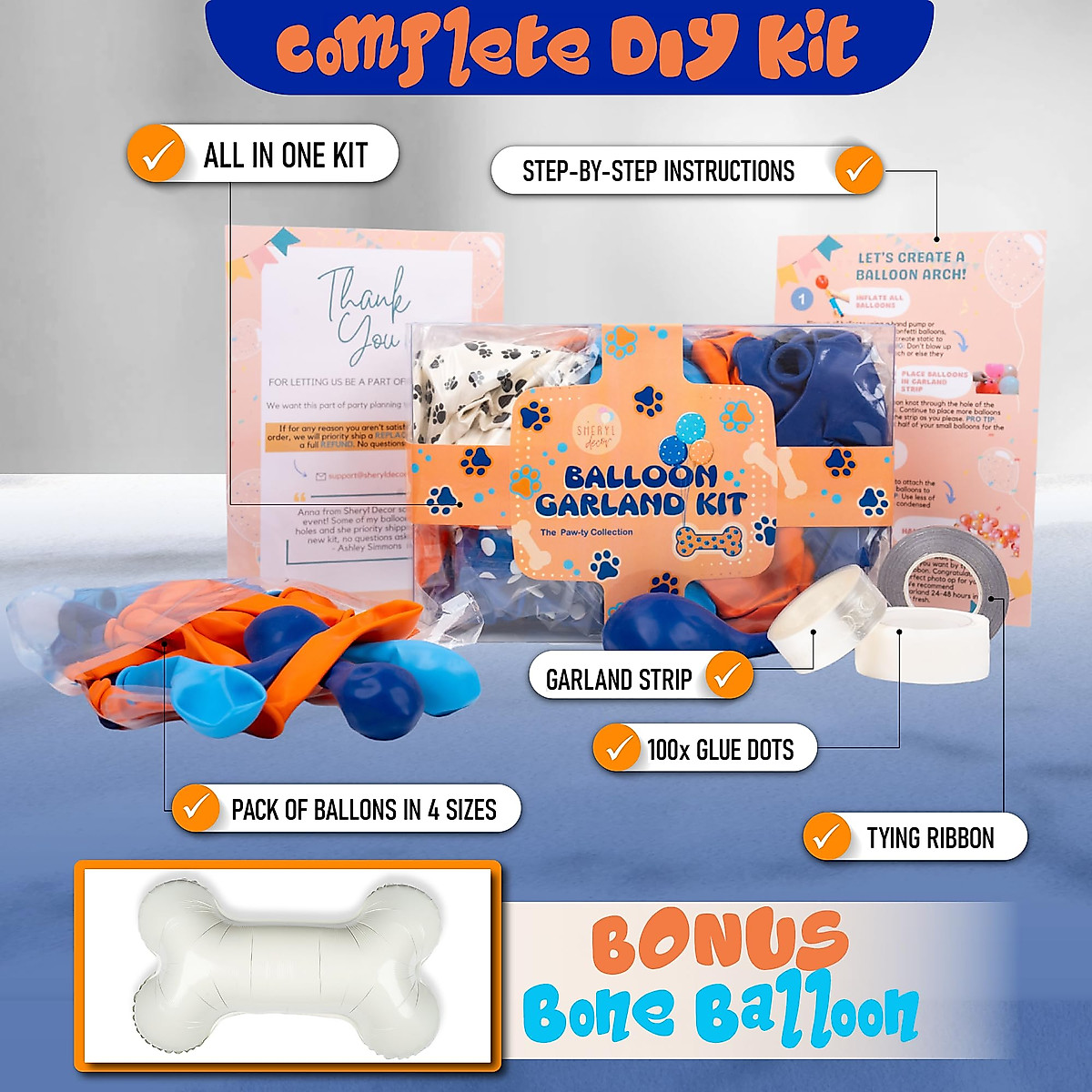 ALL-IN-1 Bluey Balloons Arch & Garland Kit with BONUS Dog Bone – Small and Large Bluey Birthday Party Balloons in Blue and Orange – Bluey Themed Party Decorations & Supplies for Boy or Girl Birthday