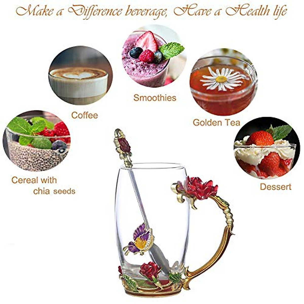 Guon-Wuvl Handicraft Crystal Glass 3D Flower Cups Tea Mug With Tea Spoon Women Coffee, Tea, Juice, Beer, Milk Hot And Cold Drinks Use Gift Package. (Rose Red Coffee Cup, 12 OZ)