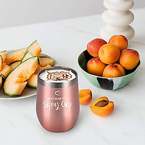 Mommy's Sippy Cup Wine Tumbler with Lid, Mom Birthday Christmas Gifts for Mom New Mom Mother Wife Women Mother's Day Thanksgiving Day, Insulated Stainless Steel Stemless Tumbler (12 Oz, Rose Gold)