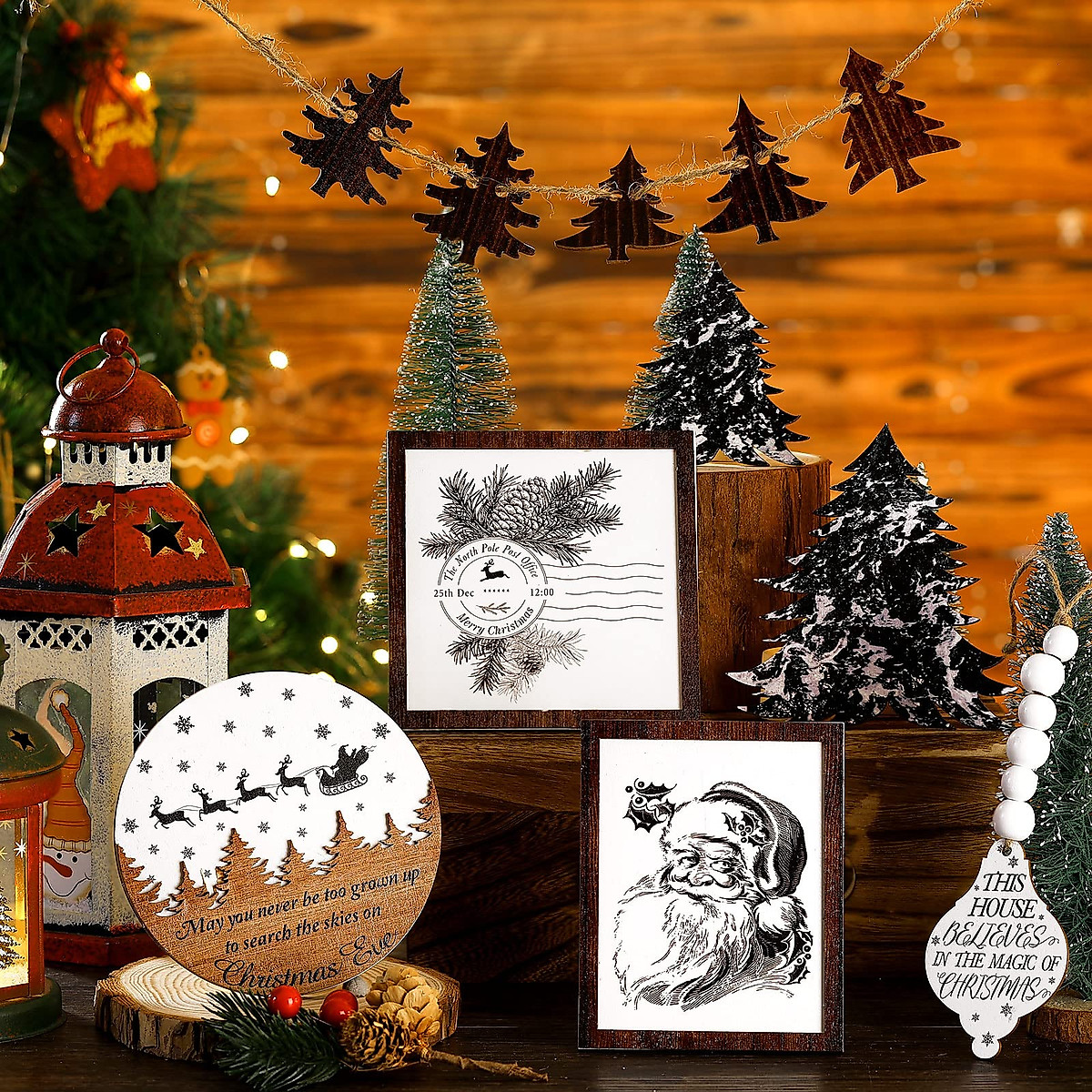 11 Pcs Christmas Tiered Tray Decor Set Wood Christmas Table Decor Farmhouse Trees Santa Claus Reindeer Pine Cone Wooden Tabletop Signs for Xmas Home Party