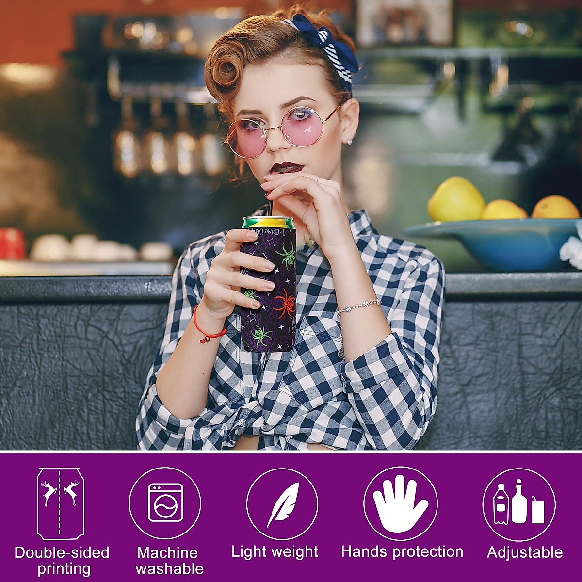 Zhehao 16 Pcs Halloween Can Cooler Sleeves Skinny Skull Bottle Cooler Neoprene Insulated Adult Halloween Party Favors Pumpkin Cat Spider Gift Alcohol Holder Beverage for Party Supplies (Stylish Style)