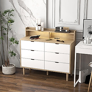 Bonzy Home 6 Drawer Dresser with Charging Station, Wooden Chest of Drawers with LED Light for Closet Hallway, Living Room, Entryway, White