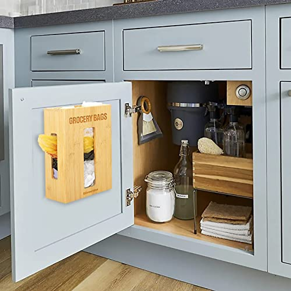 Libreshine Extra Large Grocery Bag Organizer Under Sink, Plastic Bag Holders for Grocery Bags Cabinet, Bamboo Grocery Bag Holder Wall Mount