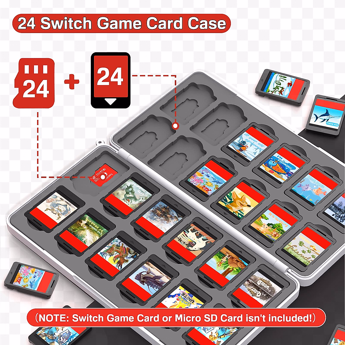 CYKOARMOR Switch Game Card Case Holder - Storage 24 Games & 24 Micro SD Card, Case Organizer Cartridge for Nintendo Switch/OLED/Lite, Hard Shell, Magnetic Closure, Soft Rubber, Plaid Grey White