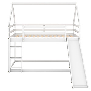 Harper & Bright Designs Twin Over Twin Low Bunk Bed with Slide, Solid Wood House Bunk Bed for Kids Girls Boys (White)