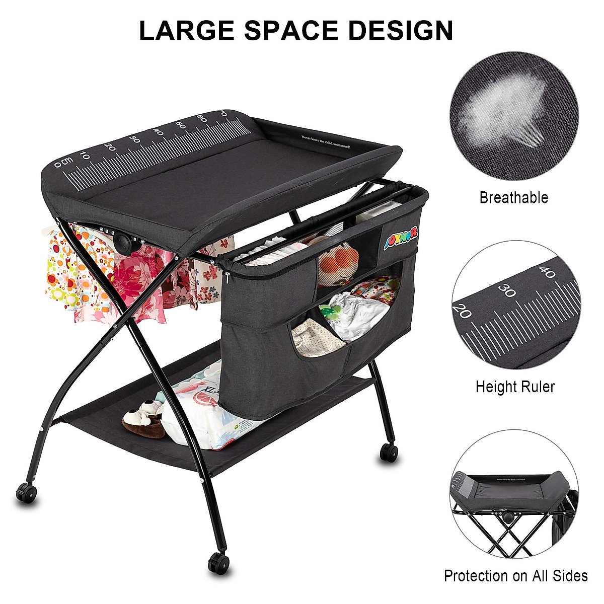 JOYMOR 2-in-1 Folding Baby Changing Table, Moblie Diaper Table for Infant, Portable Diaper Changing Station with Wheels, Large Storage Basket ＆ Shelf Portable Nursery Organizer