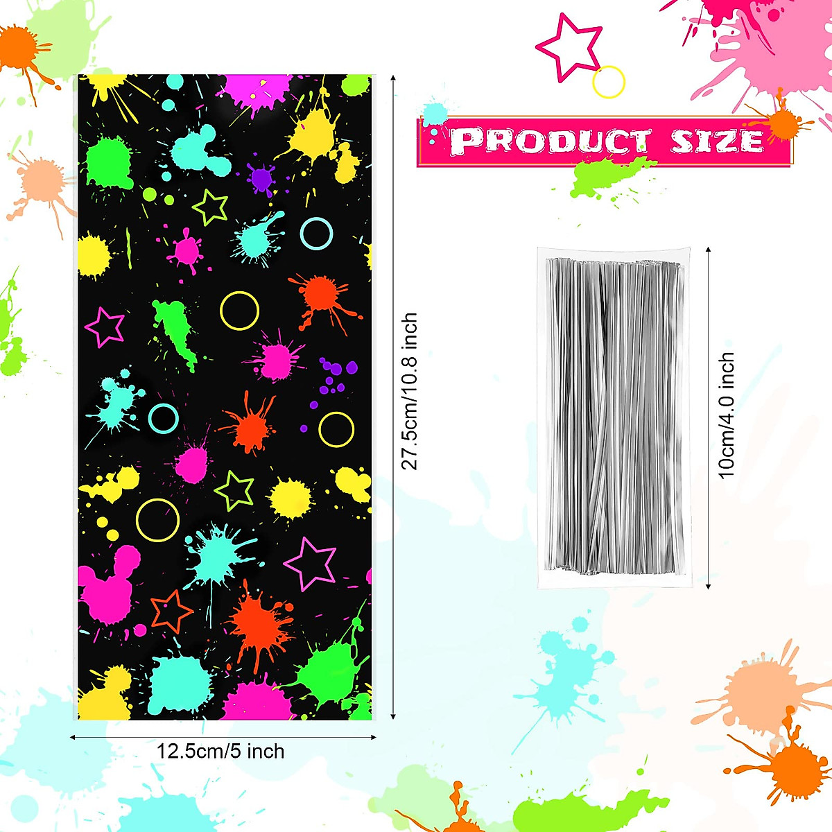 Epakh 100 Pack Neon Candy Bags Goodie Bags Plastic Colorful Treat Bags Glow in the Dark Party Supplies Favor Bags Neon Gift Wrap Bags with Silver Twist Ties for Glow Birthday Party Decor