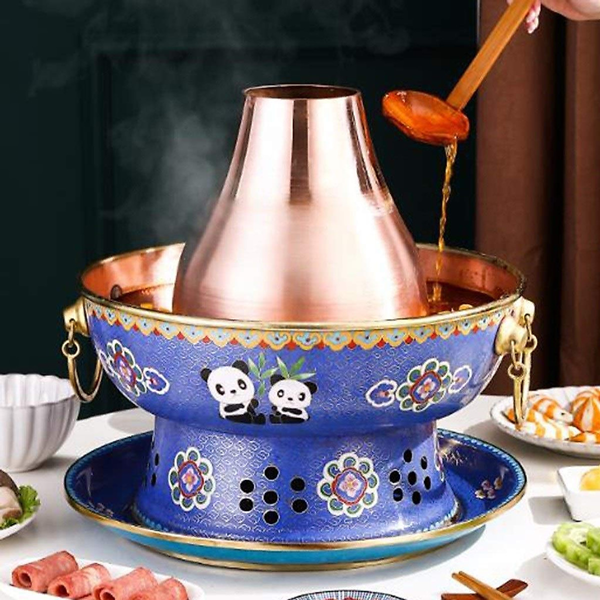 Kitchen Chafing Dishes Induction Hob Pans Creative Cloisonne Copper Hot Pot Household Old Beijing Hot Pot of Lamb Charcoal Copper Pot Best Gift (Color : Blue, Size : 36cm)