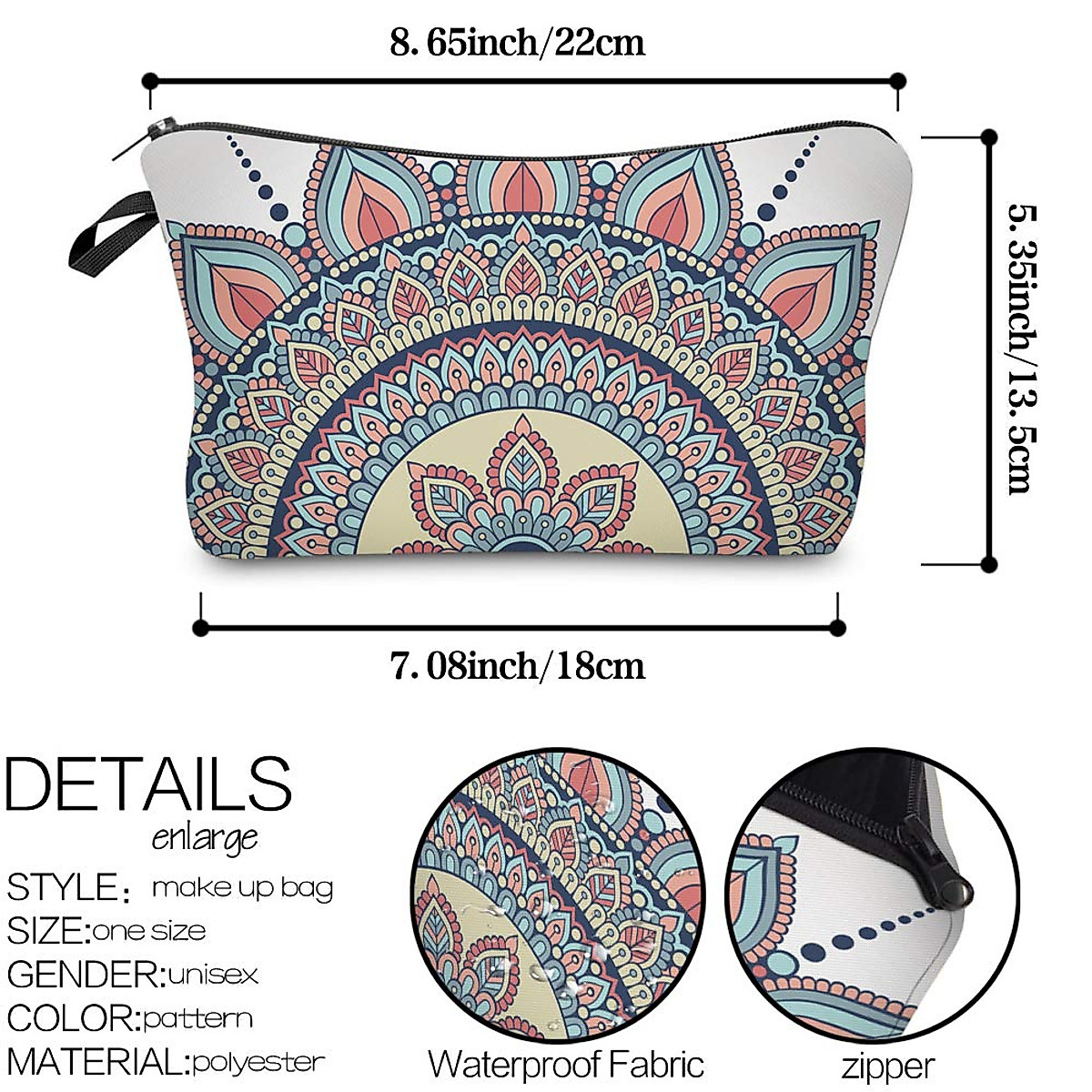 Deanfun Cosmetic Bag for Women, Mandala Flowers Waterproof Makeup Bags Roomy Toiletry Pouch Travel Accessories Gifts (50965)