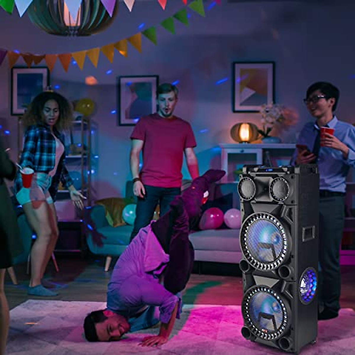 QFX PBX-1212 Bluetooth Rechargeable Dual 12” Woofer with 1” Tweeter Speaker System with Microphone Input, Guitar Input, Aux Input, USB Port, SD Card Port, TWS, Recording, FM Radio, LED Party Lights