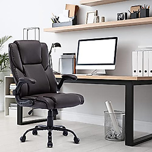 Executive Office Chair, Leather Office Chair, Adjustable Ergonomic High Back Office Chair with Flip-up Armrests, Executive Desk Chair Swivel Rolling Computer Chair with Lumbar Support (Brown)
