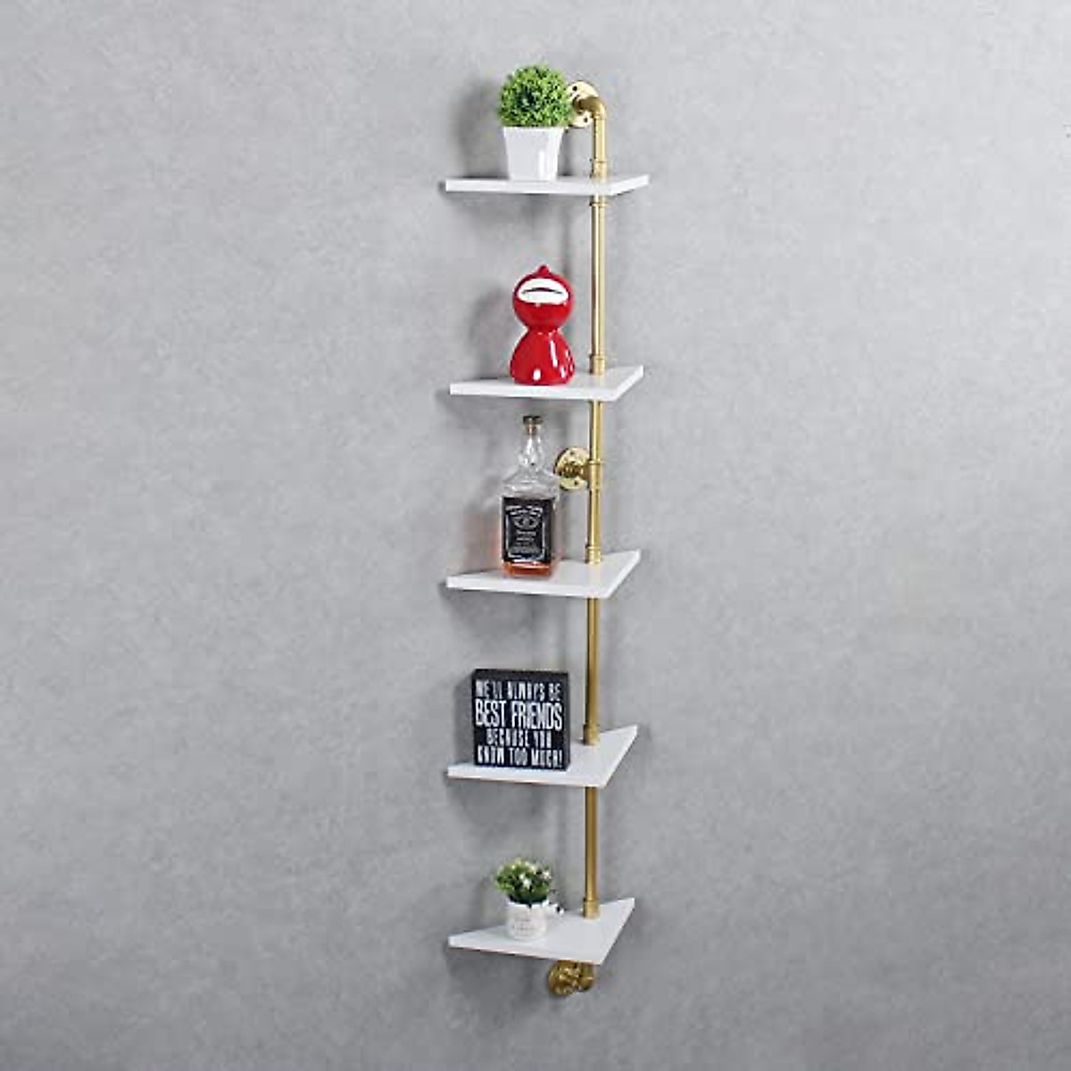 MBQQ Industrial Pipe Corner Shelf Wall Mount,Wood Shelf Decor,Floating Shelves Wall Shelf,5-Tier Rustic Corner Wall Shelf for Home Decor,Bathroom Shelf,Trophy Shelf,Corner Shelves(Gold)