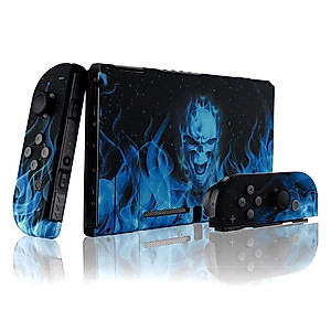 eXtremeRate DIY Replacement Shell Buttons for Nintendo Switch, Soft Touch Back Plate for Switch Console, Custom Housing Case with Full Set Buttons for Joycon Handheld Controller - Blue Flame Skull