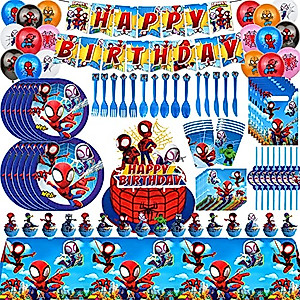Spider Birthday Party Supplies, Cartoon Spider Party Decorations Set Include Banner,7+9inch Plates,Table cover,Cake topper,Cupcake topper,Paper cups,Straws, Fork,Spoon,Knives,Napkins,Gift bags,Balloons.