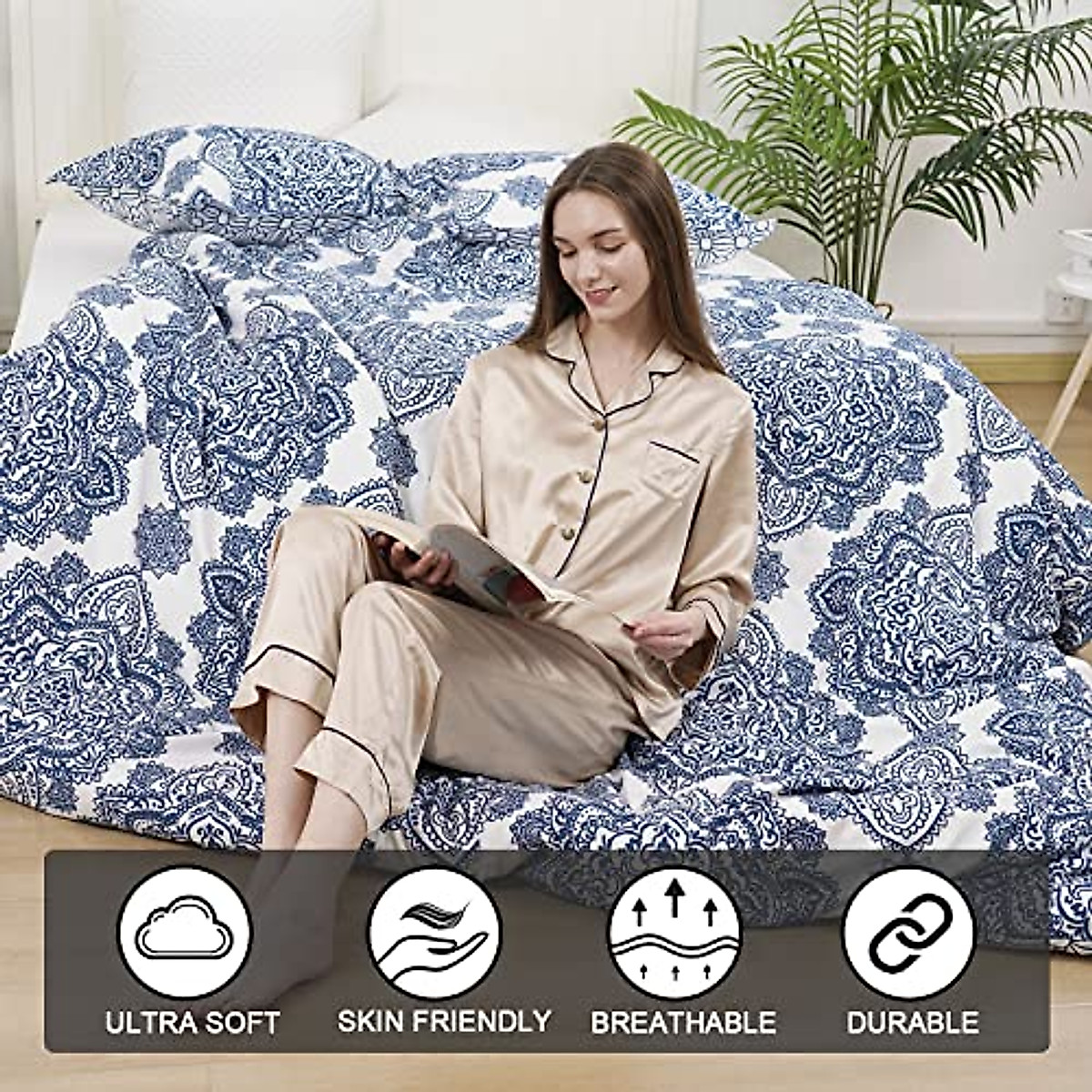 PHF Washed Duvet Cover Set King Size, 3PCS Boho Stylish, Ultra Soft Comfy Durable Paisley Comforter Duvet Cover Set with Pillow Shams Bedding Collection, 104" x 90", Royal Blue & White
