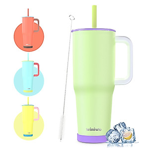 winiwo 40 oz Tumbler with Handle and Straw for Her, Flexible Straw, Insulated Tumbler Cups with Silicone Bottom, Keeps Beverages Cold Up to 24 Hours, Gym/Work/Travel/School/Gift（Bud Green）