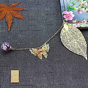 Metal Leaf Bookmark, 3D Butterfly Pendant, 2-Piece Set in Purple and Green, a Gift for Reading Enthusiasts/Ladies/Teachers/Kids.