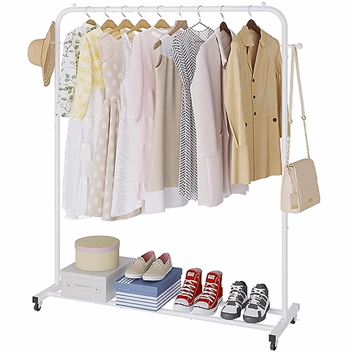 Boeeoan Garment Rack, Clothes Rack With Wheels, Freestanding Simple Single Pole, Coat Rack, Multi-functional Rolling Clothing Storage Rack With 2 Hooks for Bedroom, Laundry Room, Living-room, White