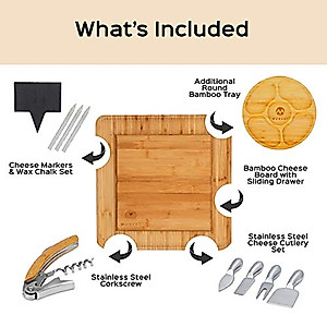 Morvat Bamboo Wood Cheese & Cracker Board Set, Charcuterie Cutting Tray, Serving Gift for Wedding Housewarming Birthday & Holidays, Includes Round Platter & Fully Stainless Steel Cutlery & Corkscrew