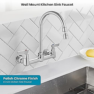 gotonovo Polish Chrome 8 Inch Center Wall Mount 360 Degree Swivel Spout Double Handles Kitchen Sink Faucet Kitchen Commercial Sink Utility Laundry Sink Mixer Tap