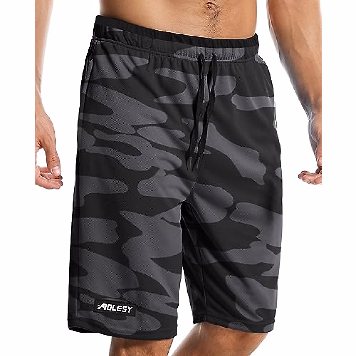 Aolesy Men's Basketball Zipper Pockets 10 inch Athletic Lightweight Mesh Gym Workout Running Shorts, Camoblack, Large