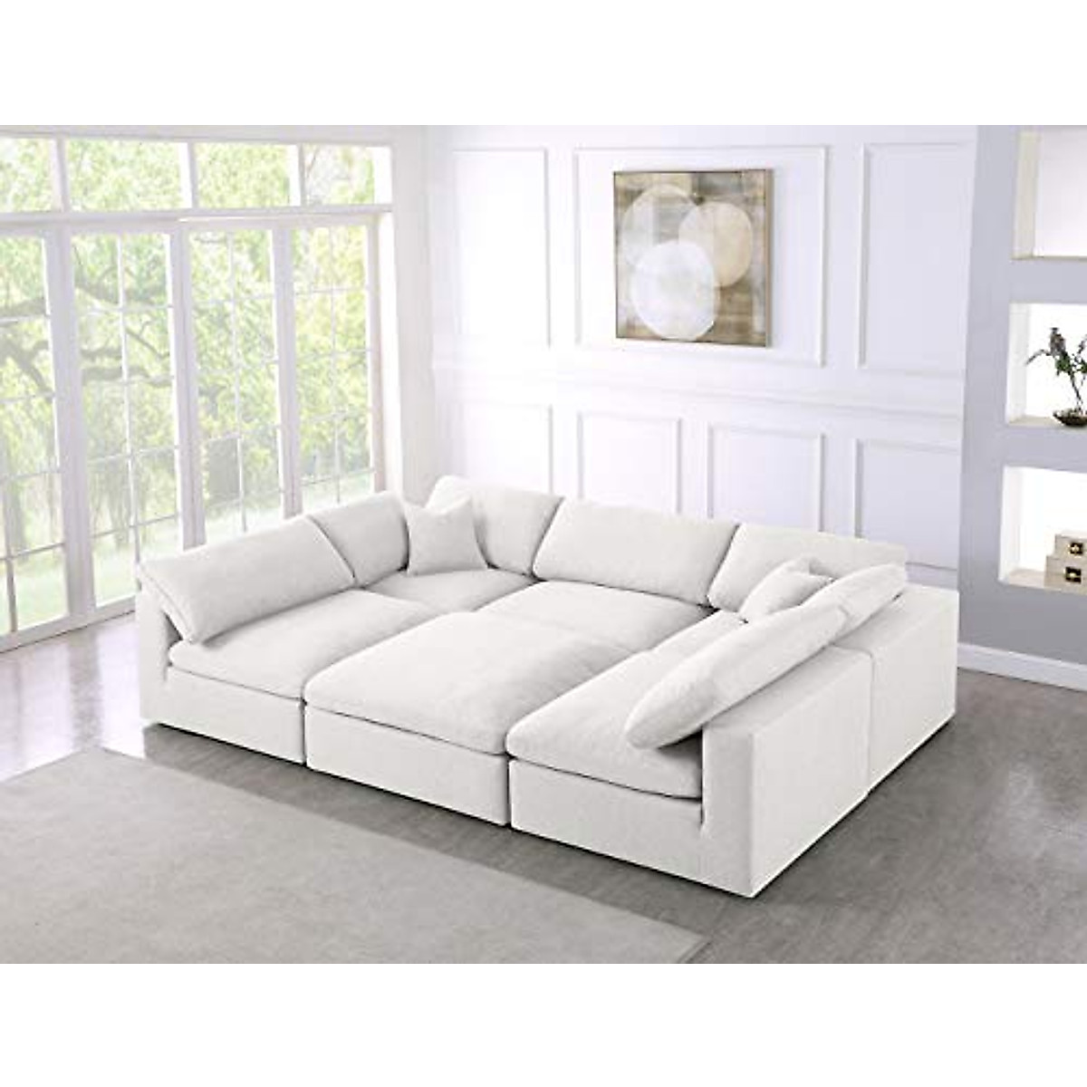 Meridian Furniture Serene Collection Modern | Contemporary Deluxe Comfort Modular Sectional, Soft Linen Textured Fabric, Down Cushions, 2 Corner + 3 Armless + 1 Ottoman, Cream