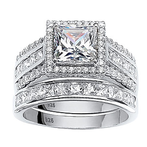 PalmBeach Platinum-plated Sterling Silver Princess Cut Cubic Zirconia Halo Bridal Ring Set Sizes 6-10 Size 7