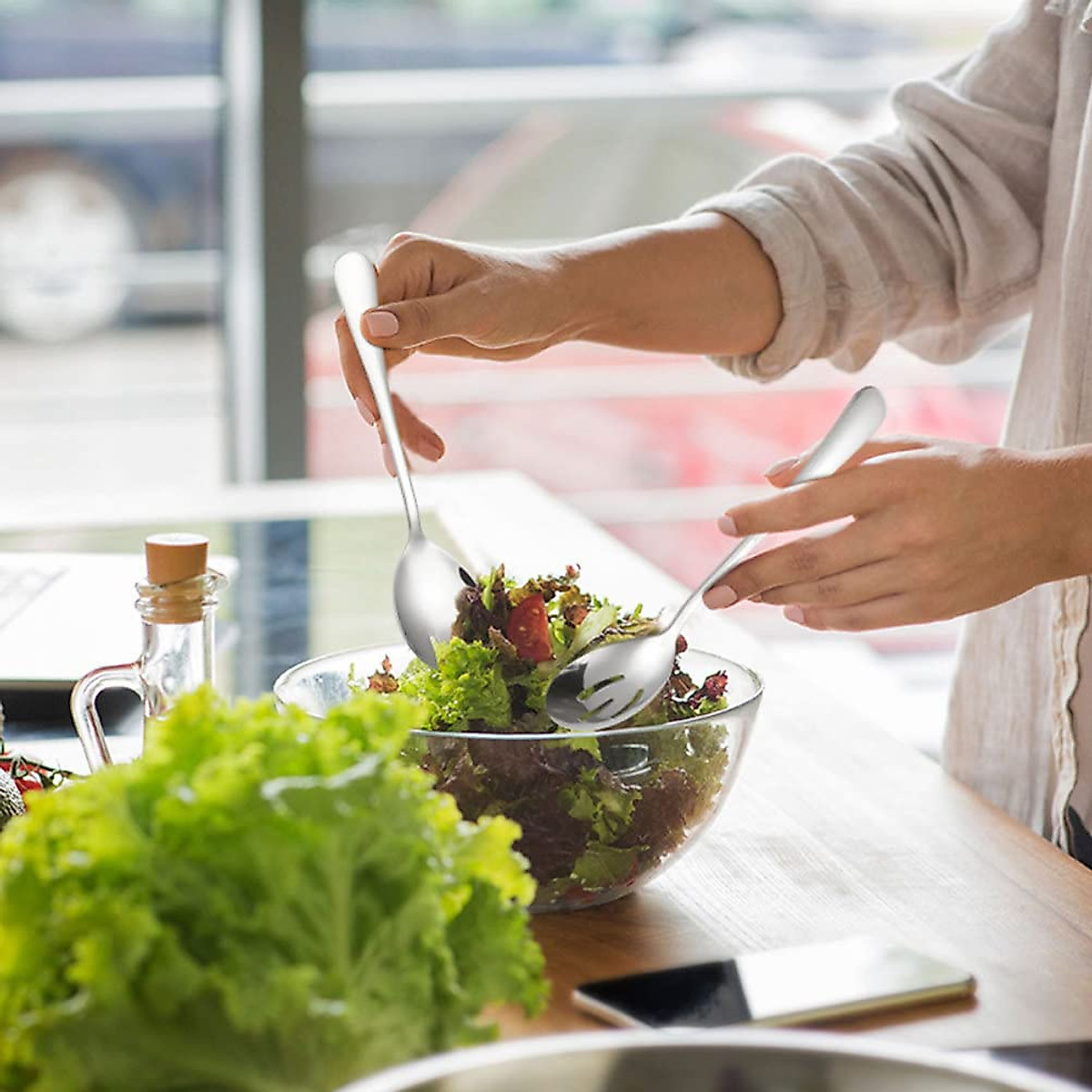 Hemoton 1 Set Stainless Steel Cutlery Stirring Spoons Slotted Serving Spoons Salad Forks Long Handle Dessert Spoons Ice Cream Spoons Salad Forks Silver