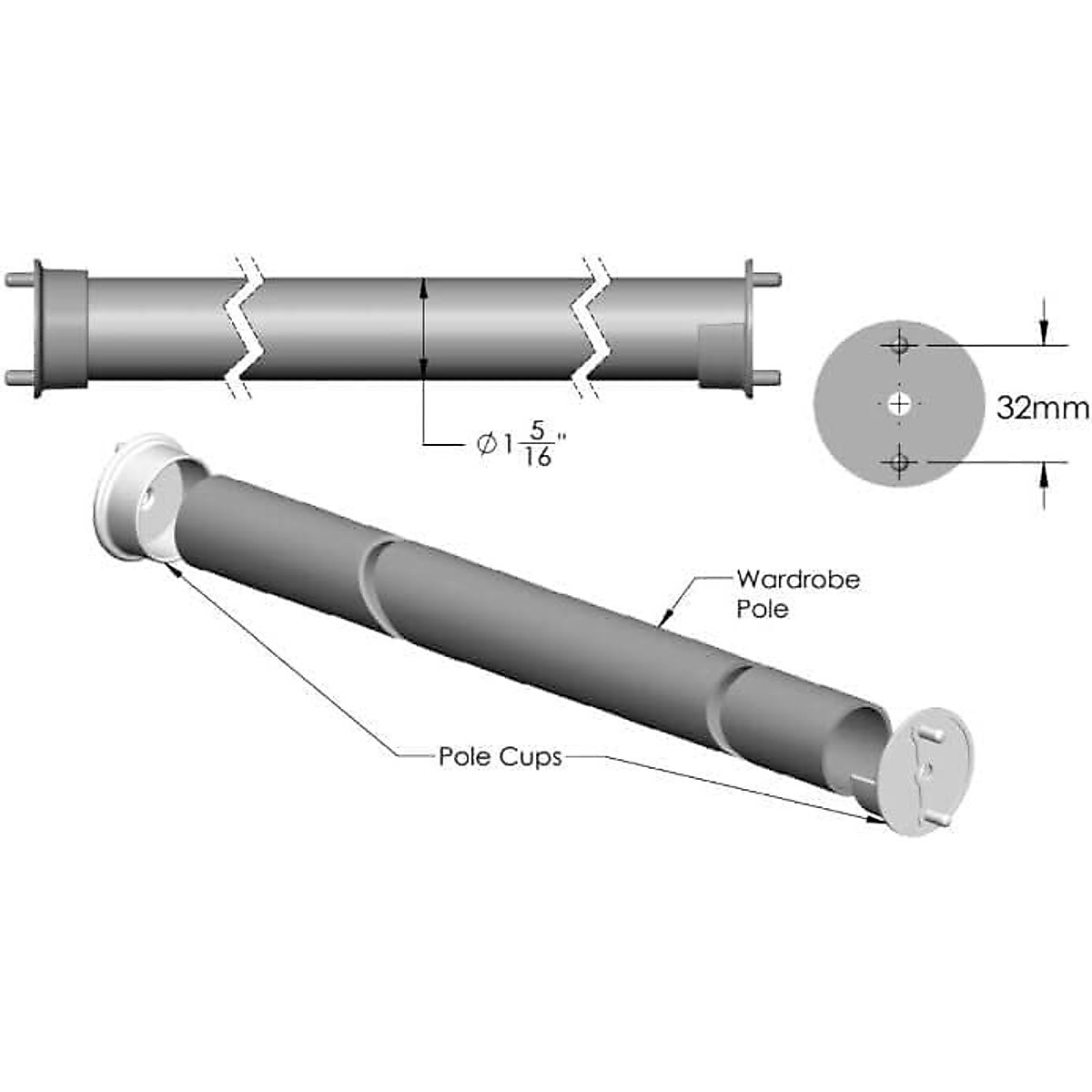 Matte Brass 1 5/16 Inch Diameter Round Wardrobe Closet Rod Tube with Two End Caps and Installation Screws, Gauge 14 Thickness for Clothes Hanging (36 INCH)