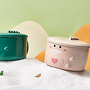 Cabilock Instant Noodle Bowls with Lid and Handle, Cartoon Dinosaur Stainless Steel Bowl Sets Ramen Bowl Soup Bowl Cereal Bowl Pasta Bowl for Birthday Home School Work Pink