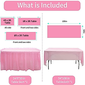 Pink Plastic Table Skirt & Tablecloth Set, 14FT Disposable Table Skirting Includes Table Cover for Rectangle Table, Birthday Party, Baby Shower Decorations