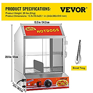 VEVOR Hot Dog Steamer, 27L/24.52Qt, 2-Tier Hut Steamer for 175 Hot Dogs & 40 Buns, Electric Bun Warmer Cooker with Tempered Glass Slide Doors Partition Plate Food Clip PTFE Tape, Stainless Steel