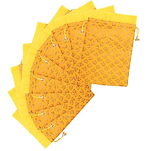 Touchstone Drawstring Bags Traditional Indian Handcrafted in Mimosa leaf Pattern Brocade fabric. Perfect for Gifts Jewelry Weddings Sweet Distribution Set of 9 Vibrant Yellow Pouches Purses Potli.