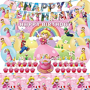 Mario Princess Peach Party Decorations, Mario Princess Peach Birthday Party Supplies Include Banner, Balloons, Hanging Swirls, Backdrops, Cake Toppers, Tablecloth, Mario Princess Peach Party Favors