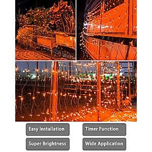 Flacchi Orange Net Lights 7 ft x 5 ft 200 LED 8 Modes Low Voltage Mesh Tree Lights Connectable Green Wire String Lights for Christmas Trees, Bushes, Garden, Halloween Outdoor Decorations