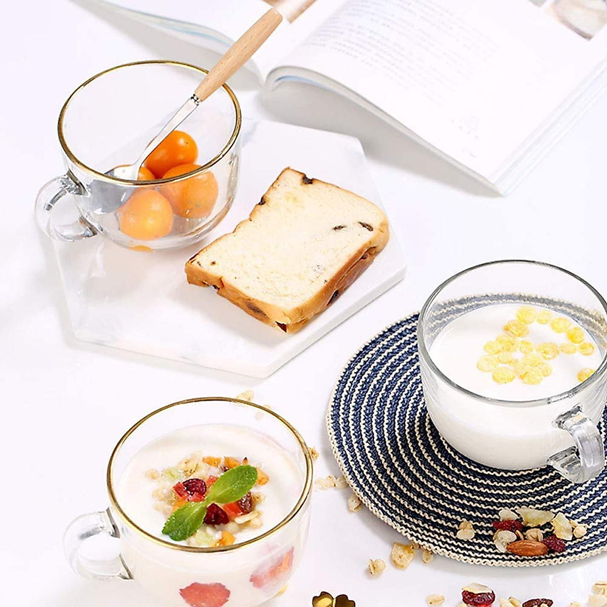 KKGUD Set of 2 Glass Teacups with Gold Rim, Oatmeal Cups, Yogurt Bowls with Spoons (Simple Design, 16oz)