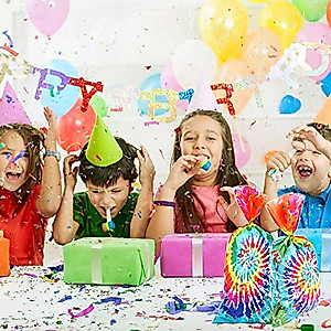 peony man 100 Pieces Tie Dye Cellophane Bags Rainbow Cello Treat Bag Plastic Goodie Storage Bags with 100 Gold Twist Ties for Tie Dye Themed Party Supplies Bakery Popcorn Cookies Candies Packaging