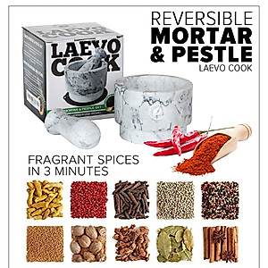 Laevo White Marble Mortar and Pestle Set (Large) | Stone Spice Grinder | 2.1 Cup Capacity | 5.5 inch | Reversible | Molcajete Mexicano | Guacamole, Pesto, Spices | Large Mortar & Pestles | Gift Set