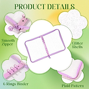 NEWEST A5 Notebook Binder Cover with Zipper, Plaid Pattern 6 Ring Refillable Planner Binder Shell, Clear Glitter PVC Loose Leaf Binder Wallet for Journal Album Diary Budget Folder DIY Cover, Purple