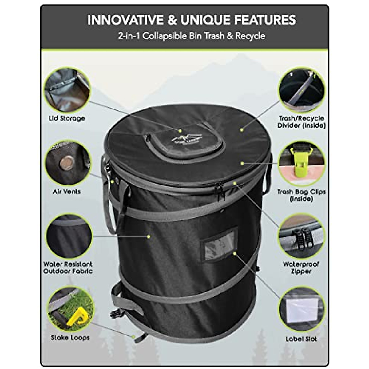 Trailersphere Collapsible Bin Trash & Recycle / Utility, Gone Camping Collection, Perfect for Camping, Laundry, Storage and Garden, Waterproof and Tear Resistance, Trash and/or Recycle