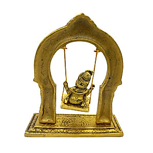 Ecommall Laddu Gopal Metal Solid Jhula Swing with Ladoo Gopal Murti Handicraft Showpiece Idol for Temple/Home/Office (Gold, Medium)