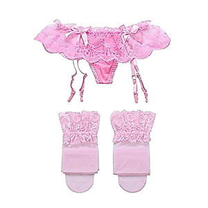 TAKIYA Womens Lace Garter Belt Panties & Sheer Stockings 3 Pieces Lingerie Sets (Pink)
