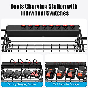 CCCEI Black Power Tools Organizers Wall Mount, Large Tools and Battery Storage Rack Charging Station. 8 Drill Holder, All Metal, Garage Utility Shelves with 6FT Power Strip. Gift for Men.