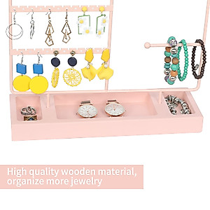 X-cosrack Earring Organizer Holder, 5-Tier Ear Stud Holder with Wooden Tray, Jewelry Towers for Earrings Necklaces Bracelets Watches and Rings,Earring Display Stand, Pink