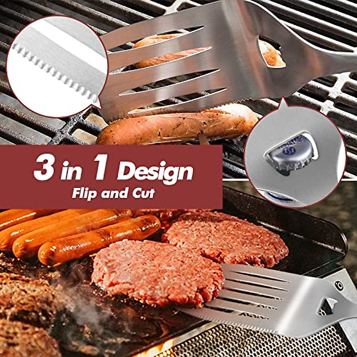 CTCCORC 18 Inch Grill Tool Sets, 4PCS BBQ Barbecue Tool Sets with Durable Spatula, Fork, Tongs, Basting Brush, Heavy Duty Stainless Steel Outdoor Cooking Tools Camping Grilling Tools Accessories