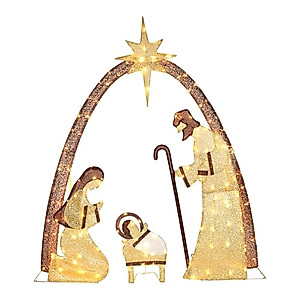 MUPATER Lighted Outdoor Christmas Decoration Nativity Scene, Lighted Christmas Yard Decor Set for Lawn and Home Holiday Party with Lights, Zip Ties and Ground Stakes, Gold