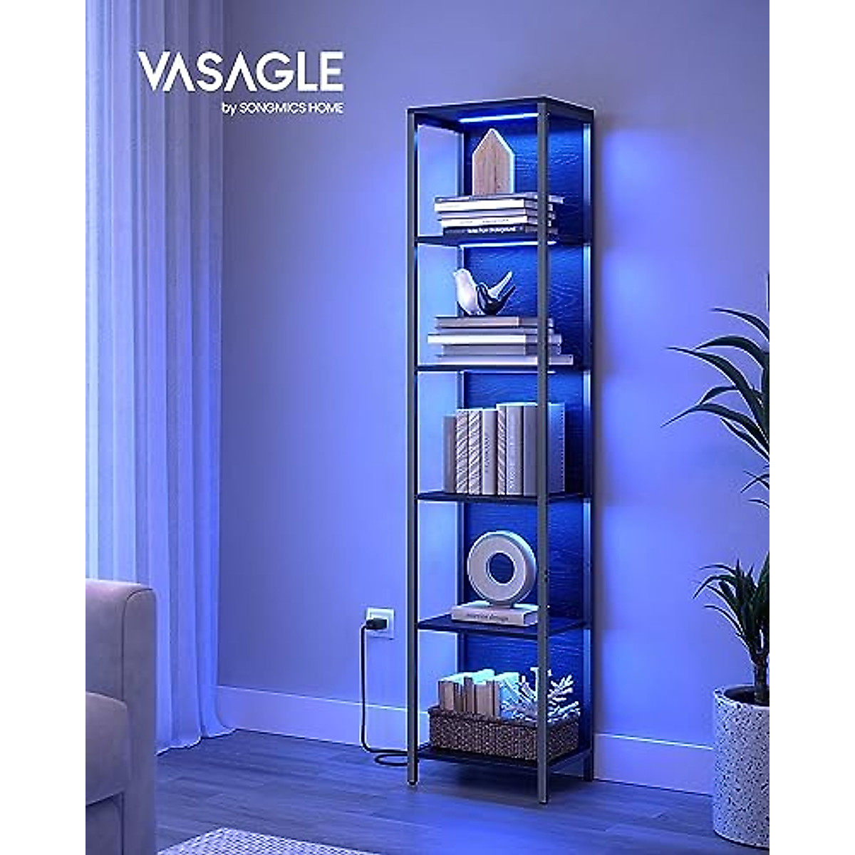 VASAGLE 6-Tier LED Bookshelf, Display Shelf with Dimmable Lights, LED Bookcase with Steel Frame, 11.9 x 15.7 x 70.3 Inches, for Living Room, Bedroom, Office, Black with Wood Grain ULLS121B56