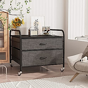 Alavoco Fridge Stand, Mini Fridge Table, 2 Drawer Fridge Cart, Mini Fridge Stand with Storage, Metal Frame Wooden Top, 4 Swivel Wheels for Home Kitchen, Black