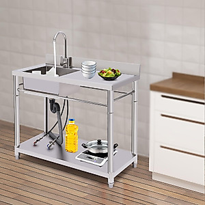 Stainless Steel Sink, Free Standing Single Bowl Commercial Kitchen Sink Kitchen Sink with Faucet & Shelf Kitchen Prep Outdoor Unity Sink for a Laundry Room Garage 31.5” x 39.37” x 19.68”